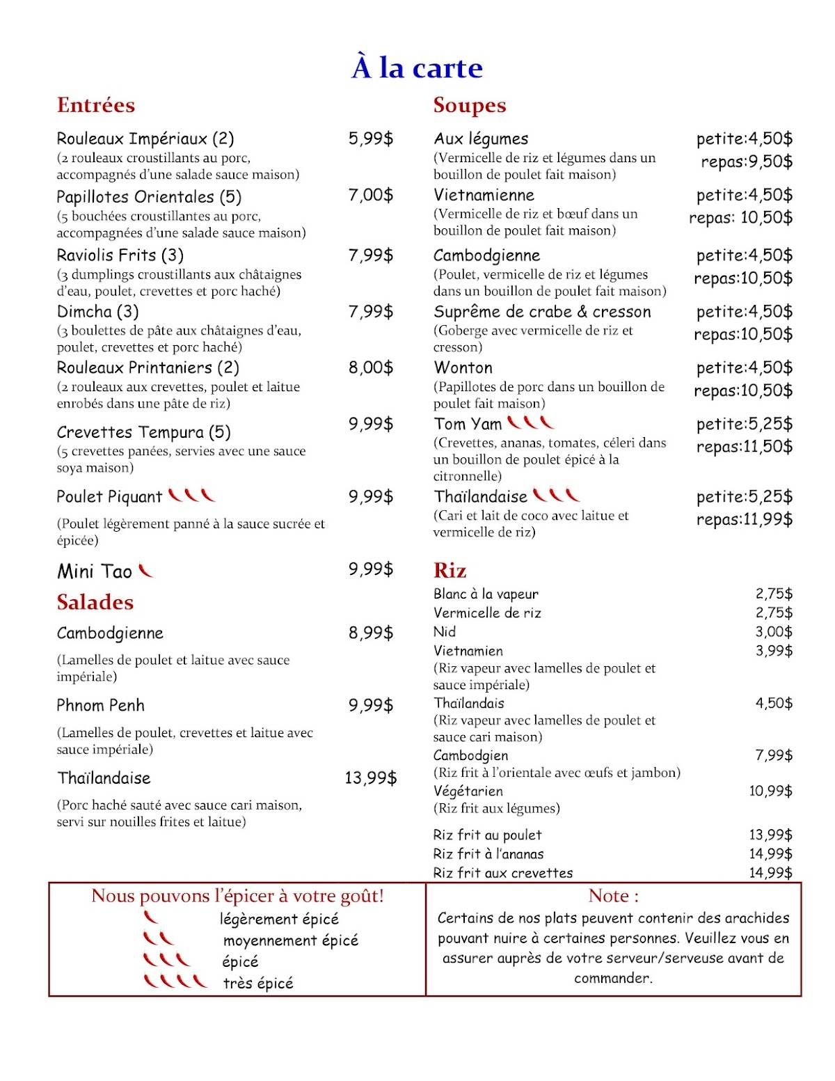 Menu au Restaurant Thaï Sélect, Québec, Bd des Gradins