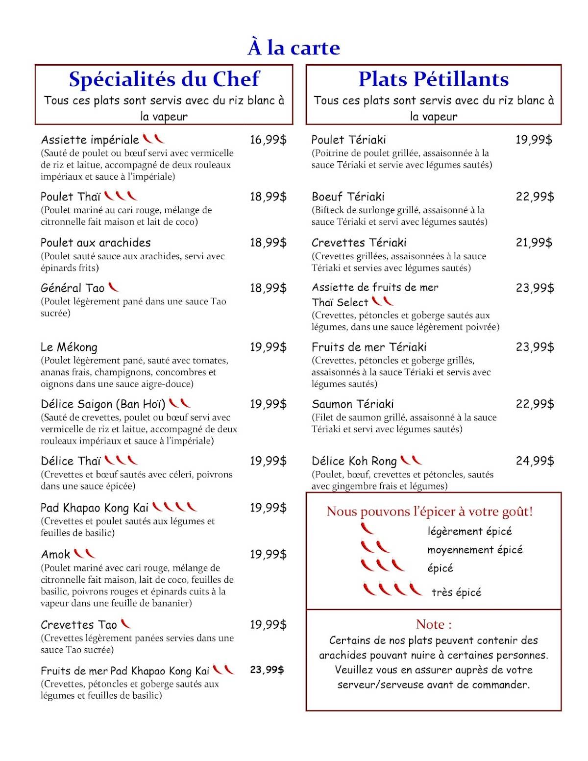 Menu au Restaurant Thaï Sélect, Québec, Bd des Gradins