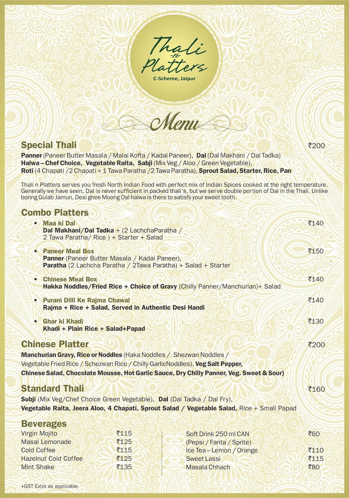 Menu at Thali-N-Platters, Jaipur