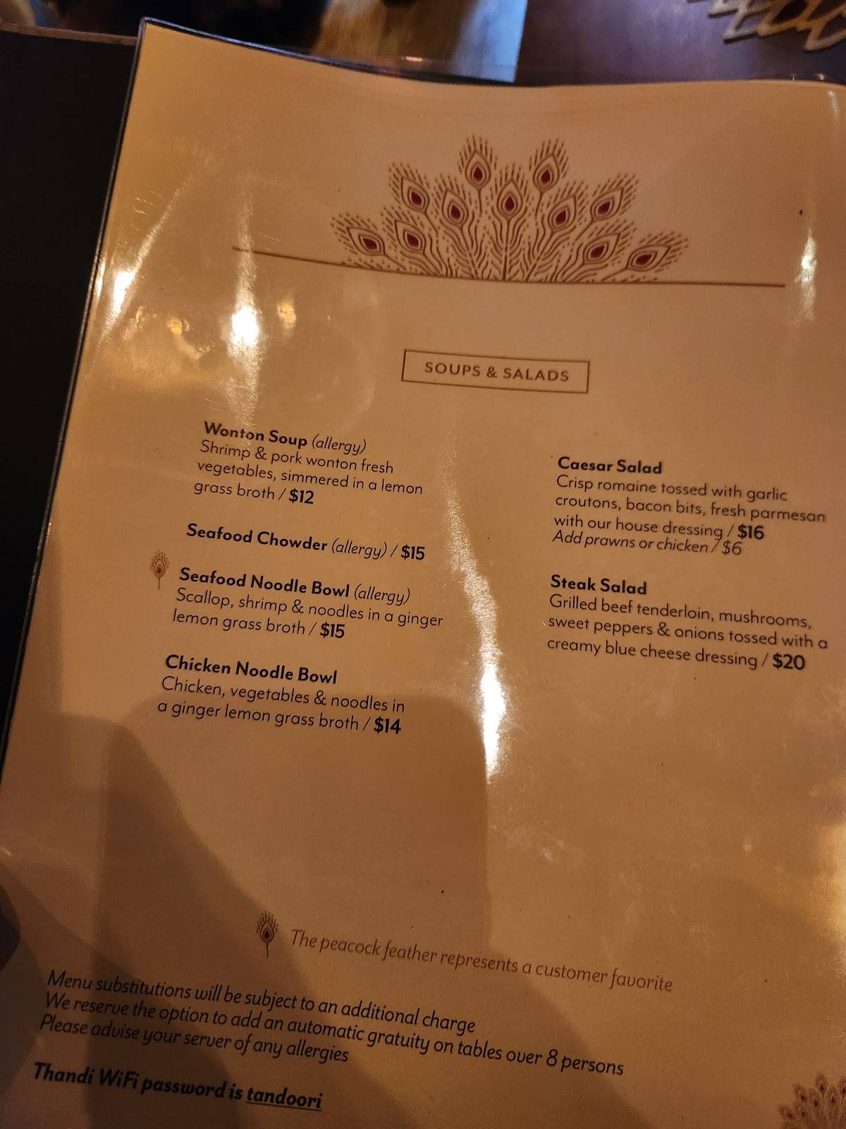 Menu at Thandi restaurant, Saint John