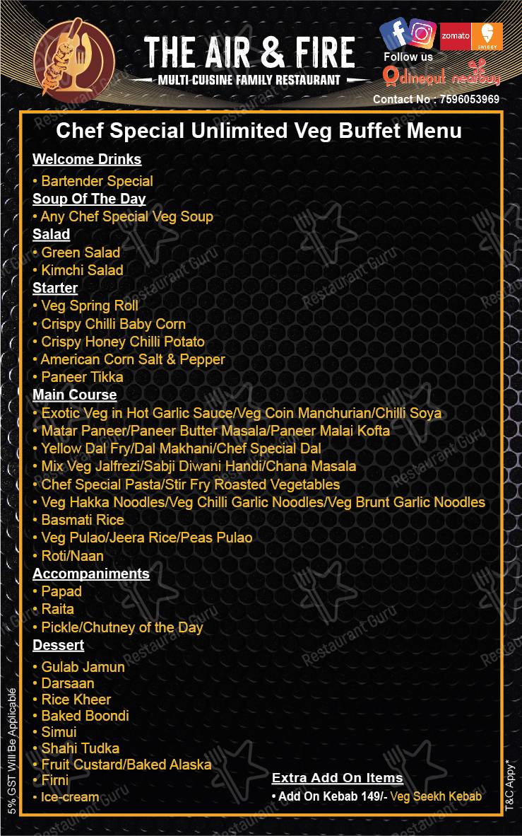 Menu at The Air & Fire, New Town, 4th Floor