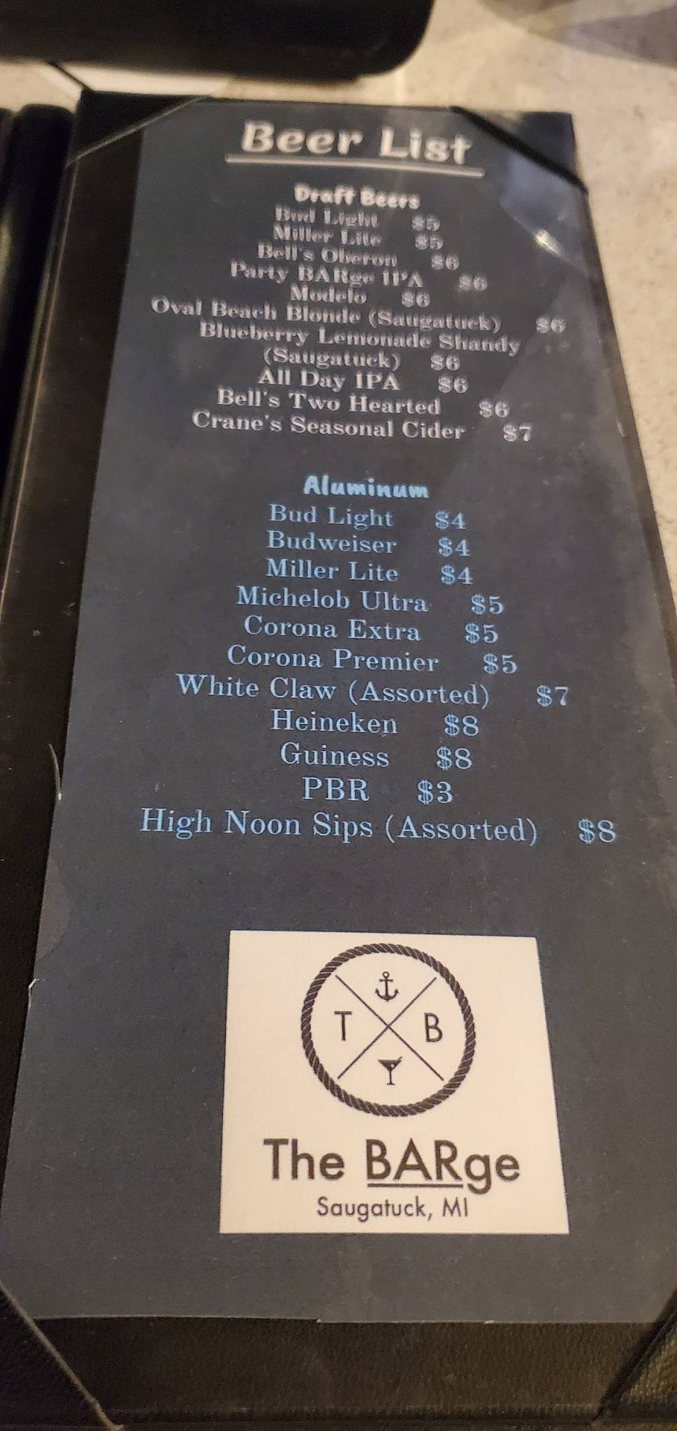 Menu at The BARge, Saugatuck