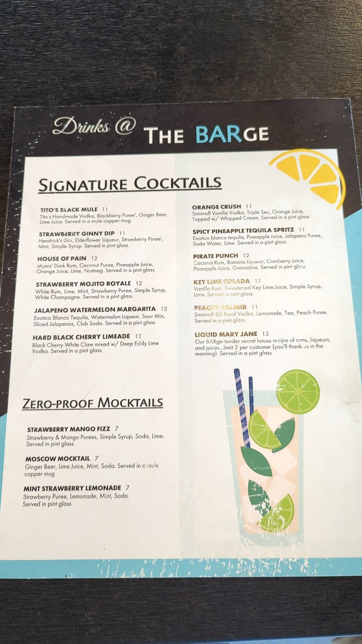 Menu at The BARge, Saugatuck