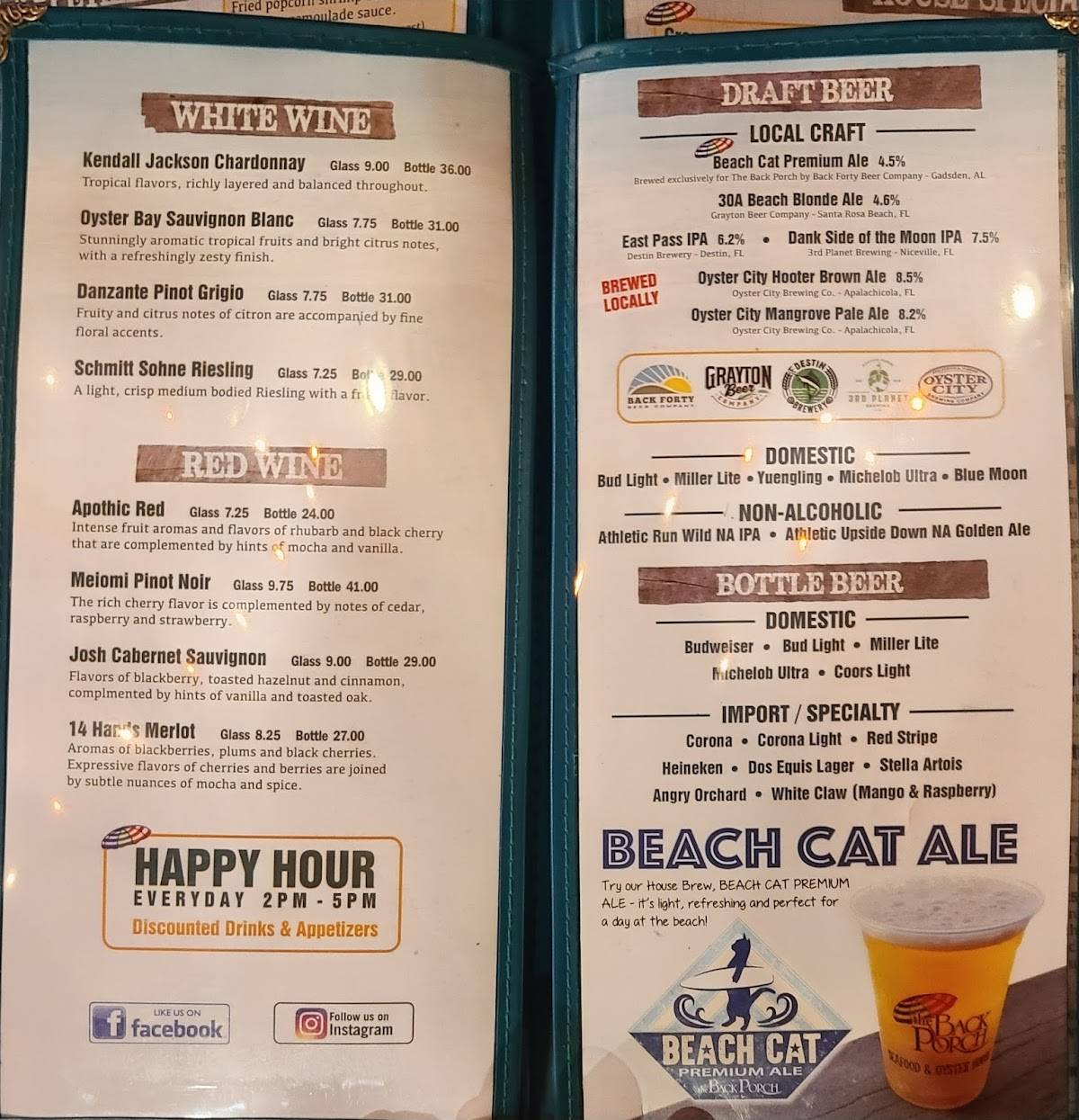 Menu at The Back Porch Seafood & Oyster House restaurant, Panama City ...