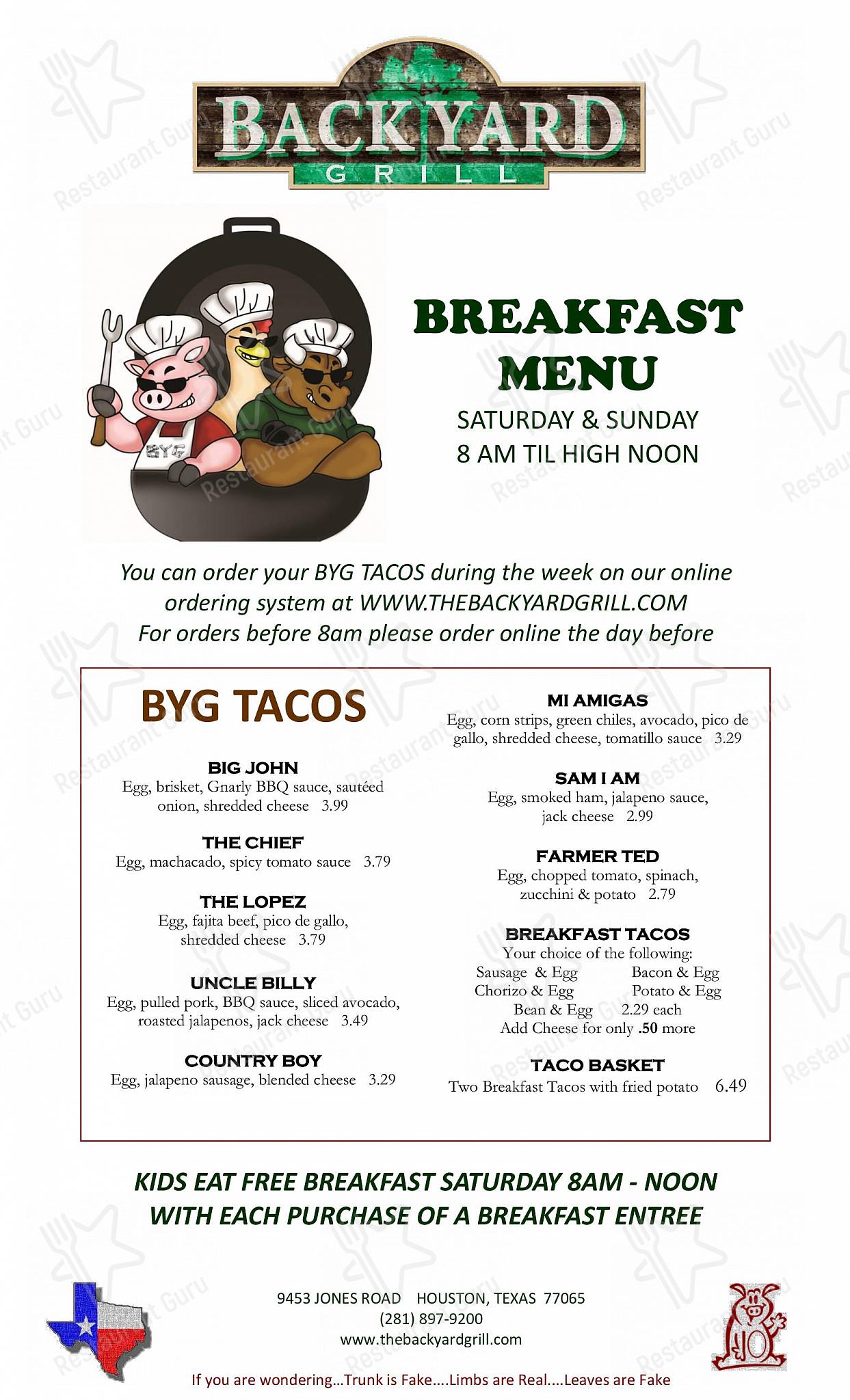 Menu at The Backyard Grill restaurant, Houston, Jones Rd