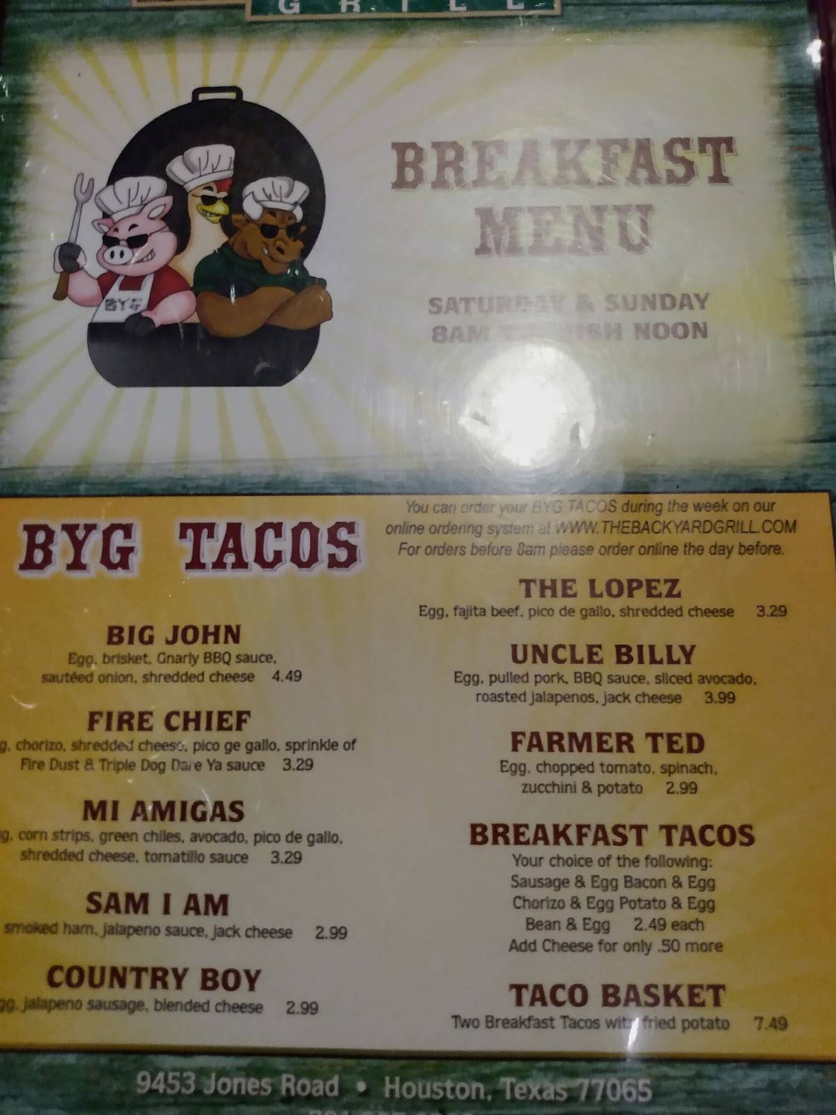 Menu at The Backyard Grill restaurant, Houston, Jones Rd