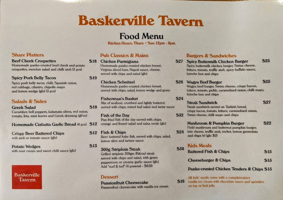 Menu at The Baskerville tavern pub & bar, Baskerville