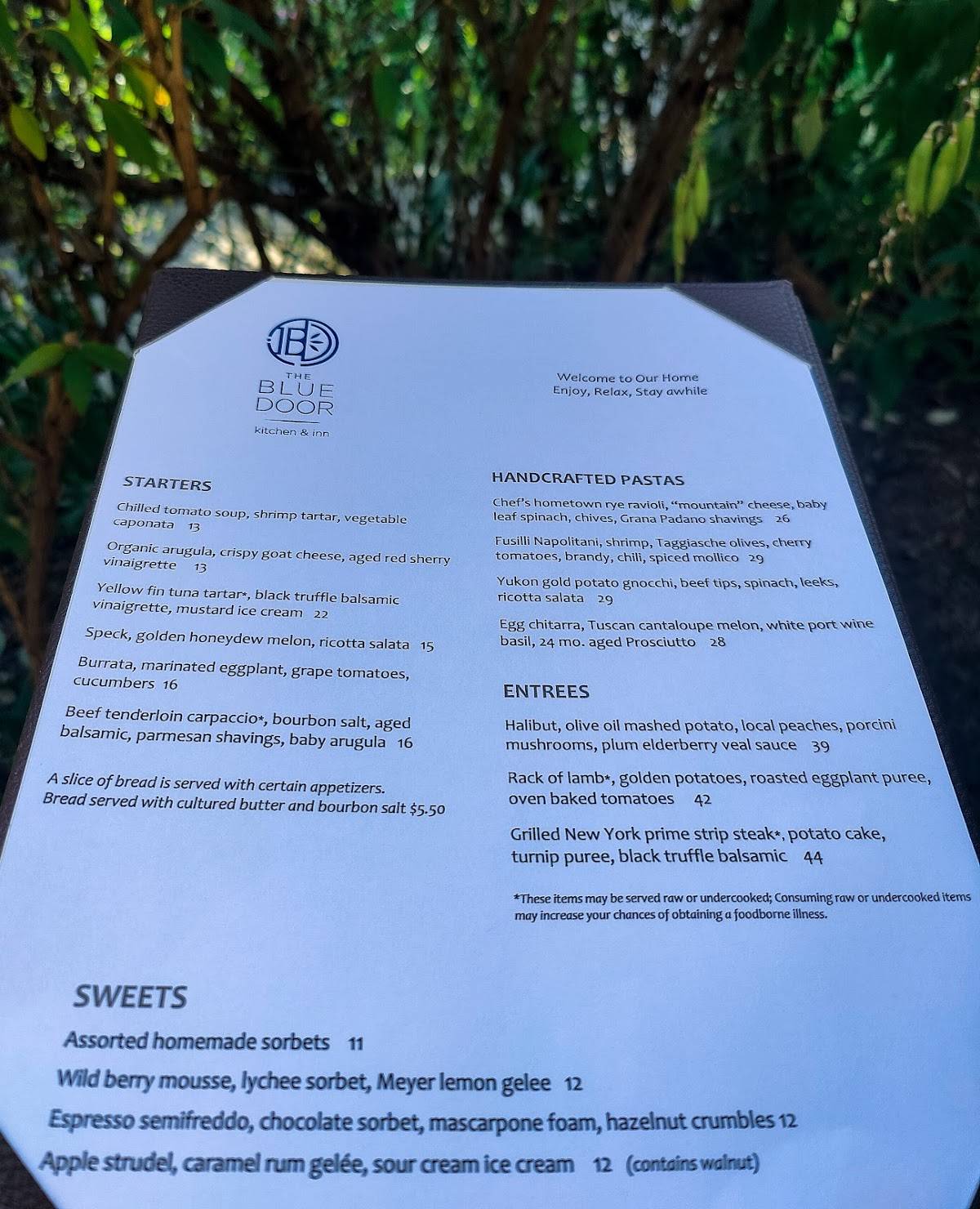 Menu at The Blue Door Kitchen and Inn restaurant, Flint Hill