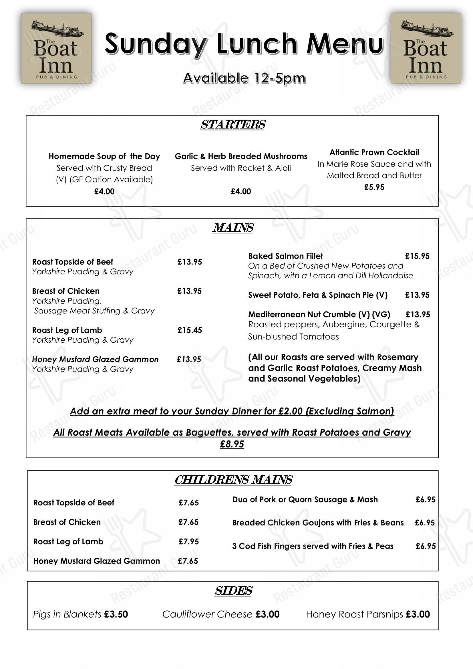 Menu at The Boat Inn restaurant, Sutton-in-Ashfield