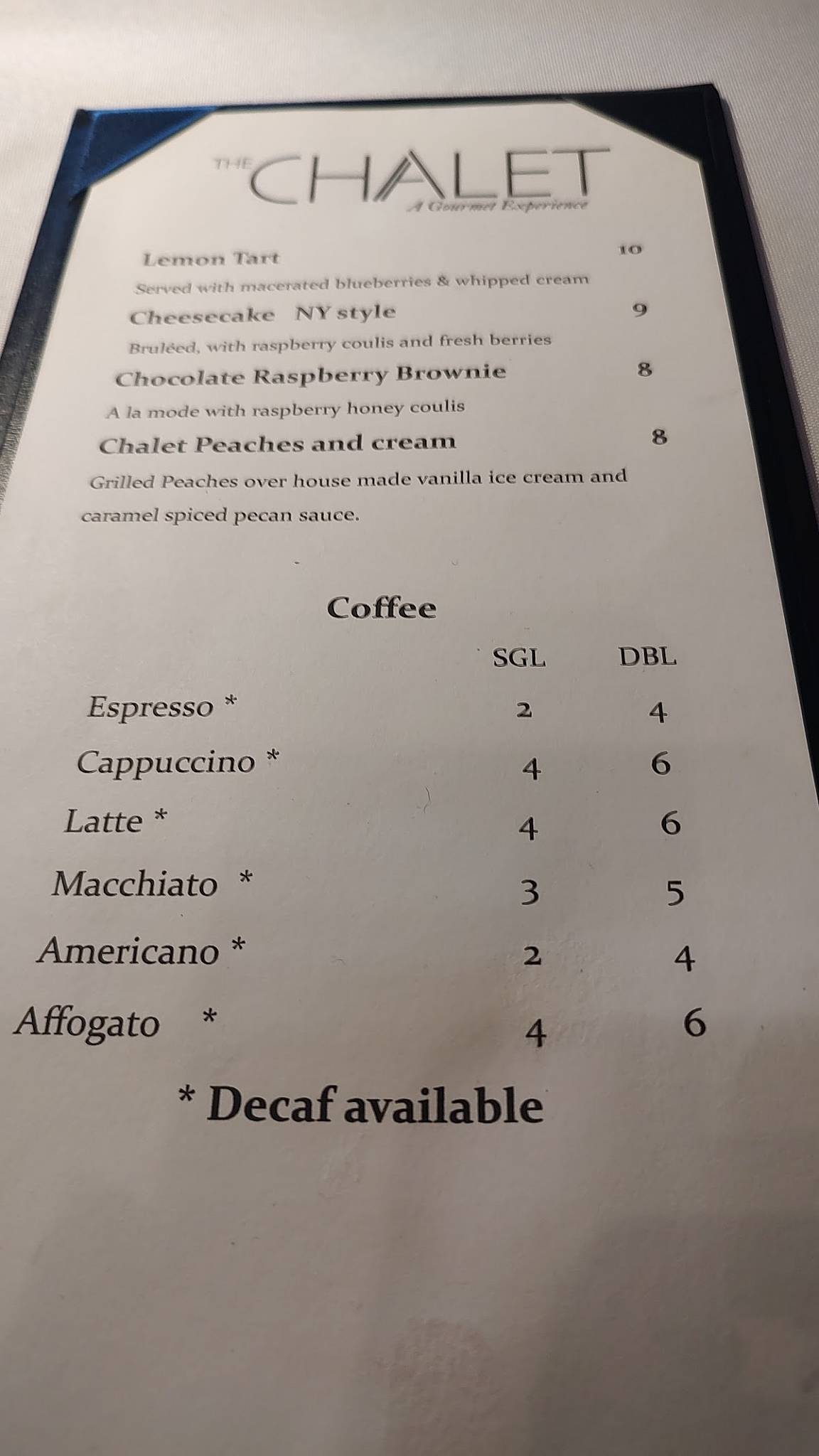 Menu at The Chalet restaurant, Somerset