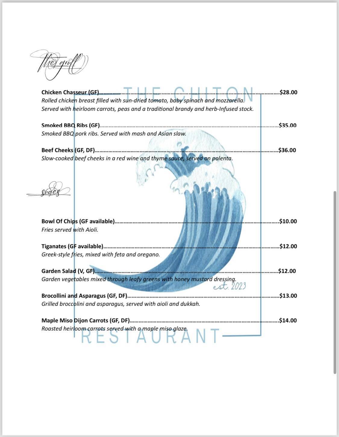 Menu at The Chiton Restaurant, Hayborough