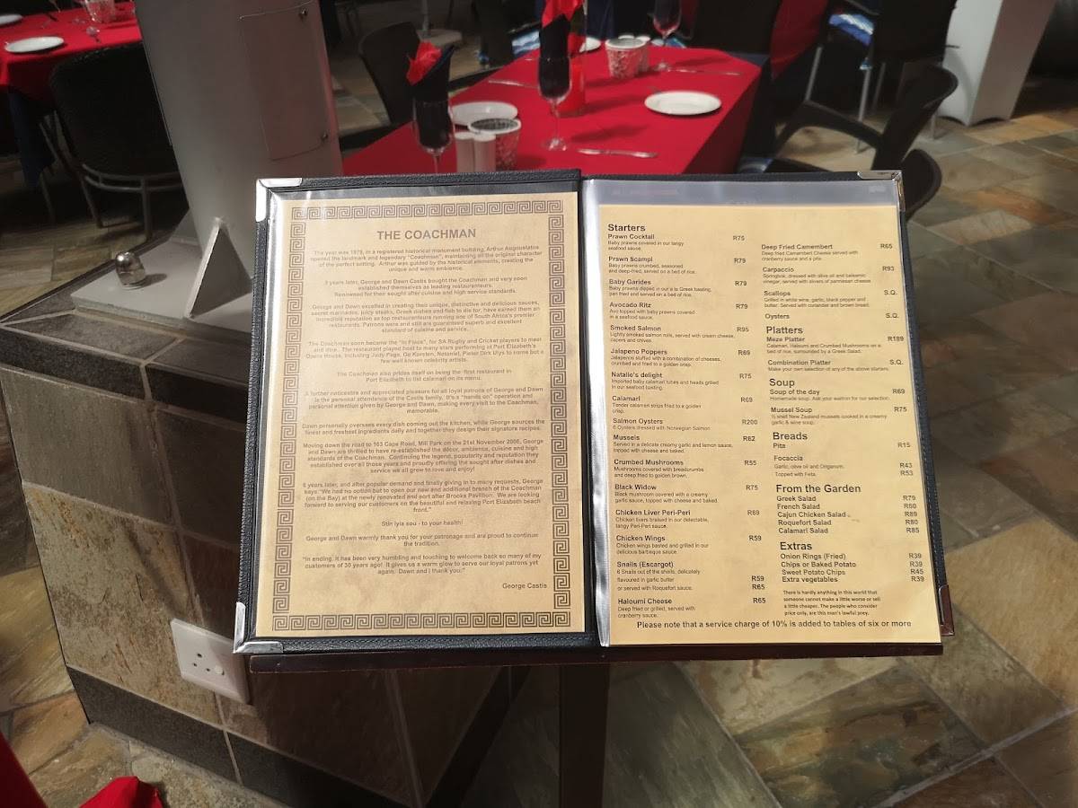 Menu at The Coachman Restaurant, Port Elizabeth, Brookes on the bay