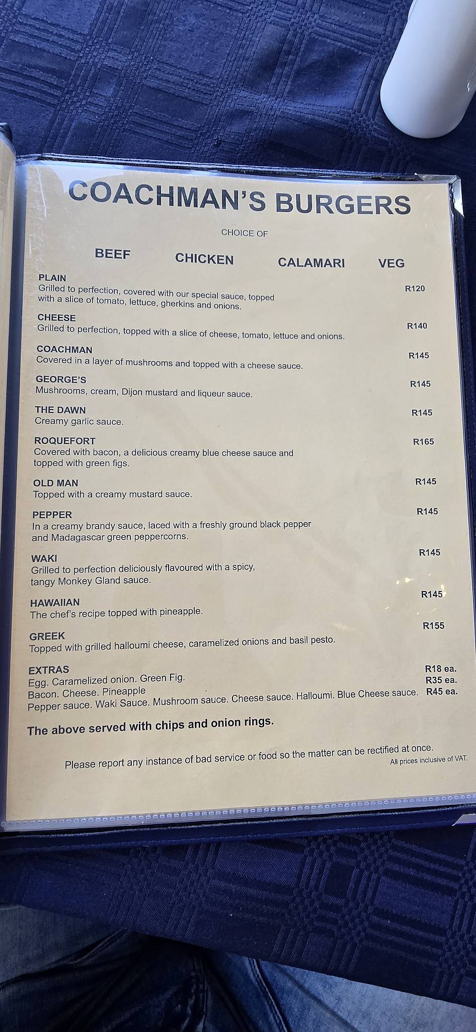 Menu at Coachman on the Bay restaurant, Port Elizabeth, Brookes on the bay
