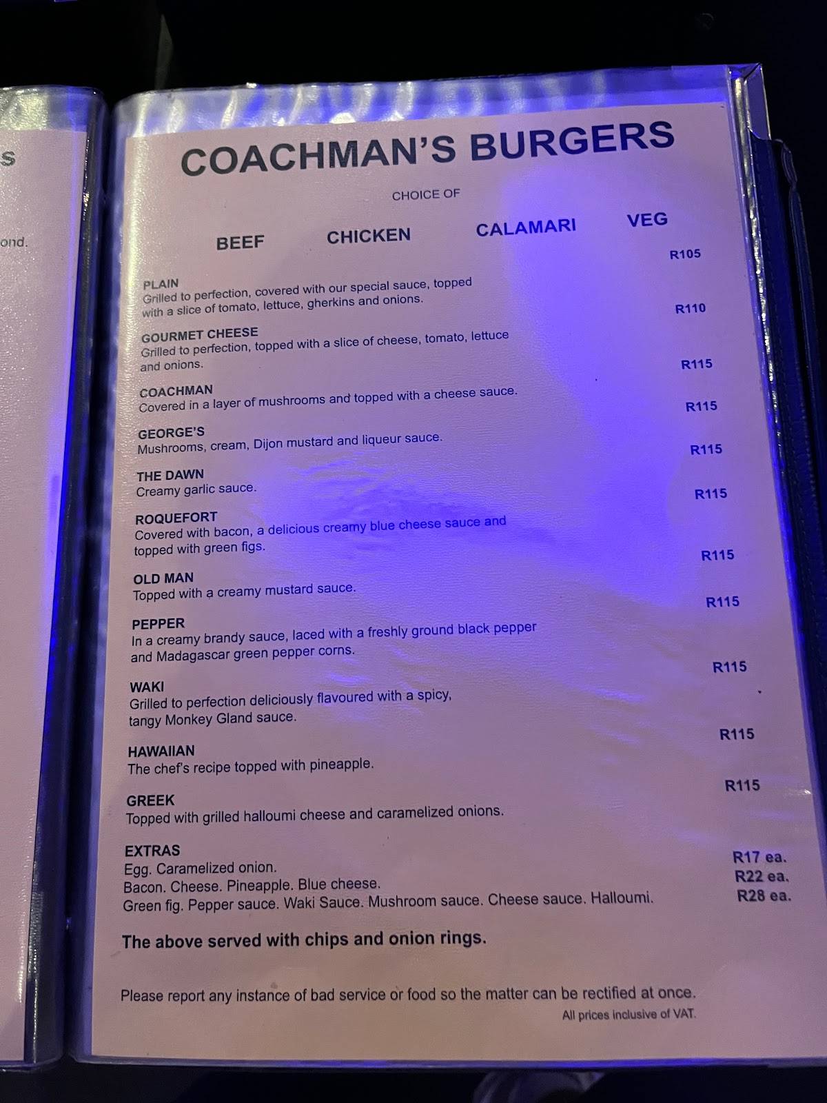 Menu at The Coachman Restaurant, Port Elizabeth, Brookes on the bay