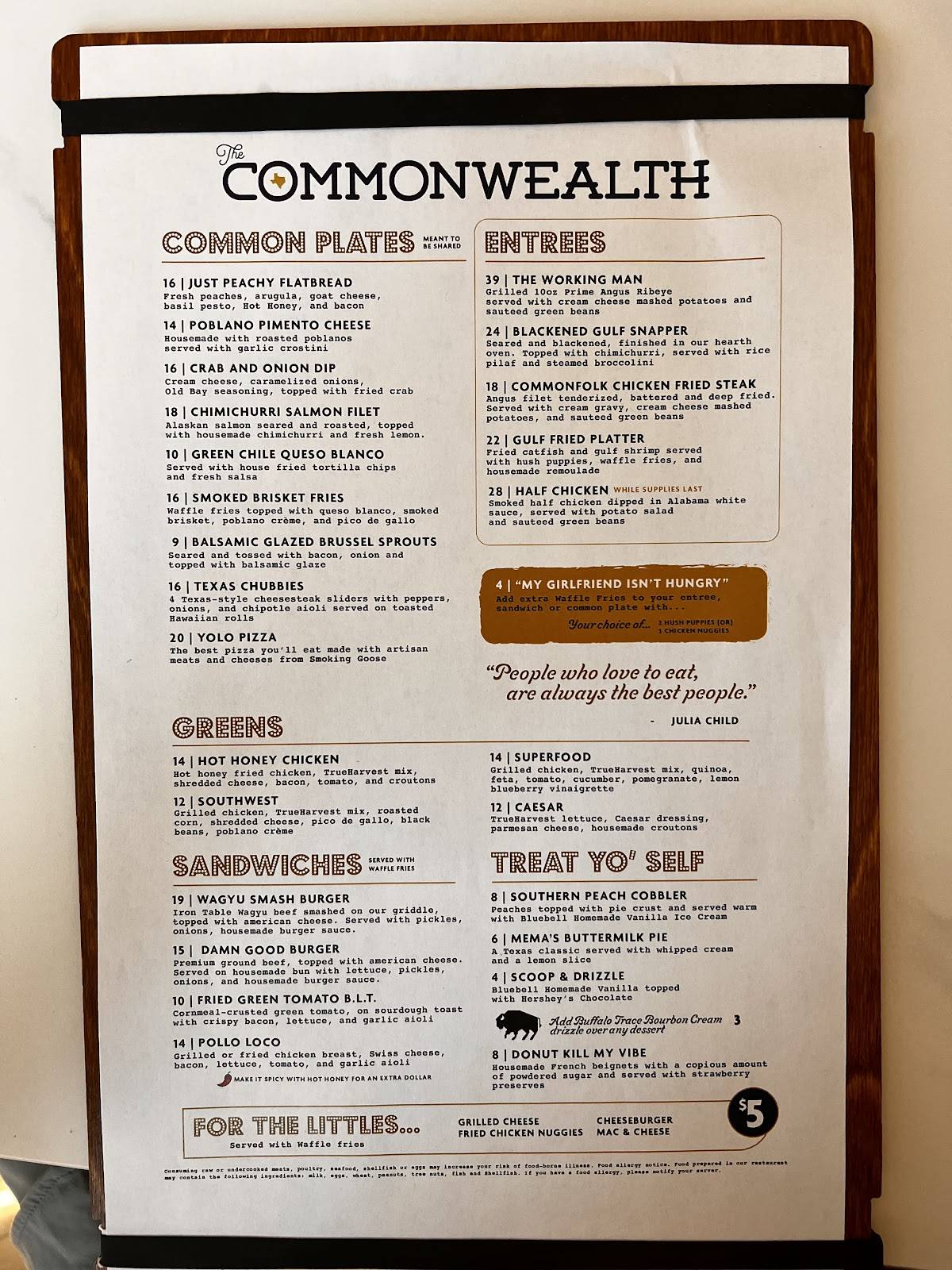 Menu at The Commonwealth Texas restaurant, Temple