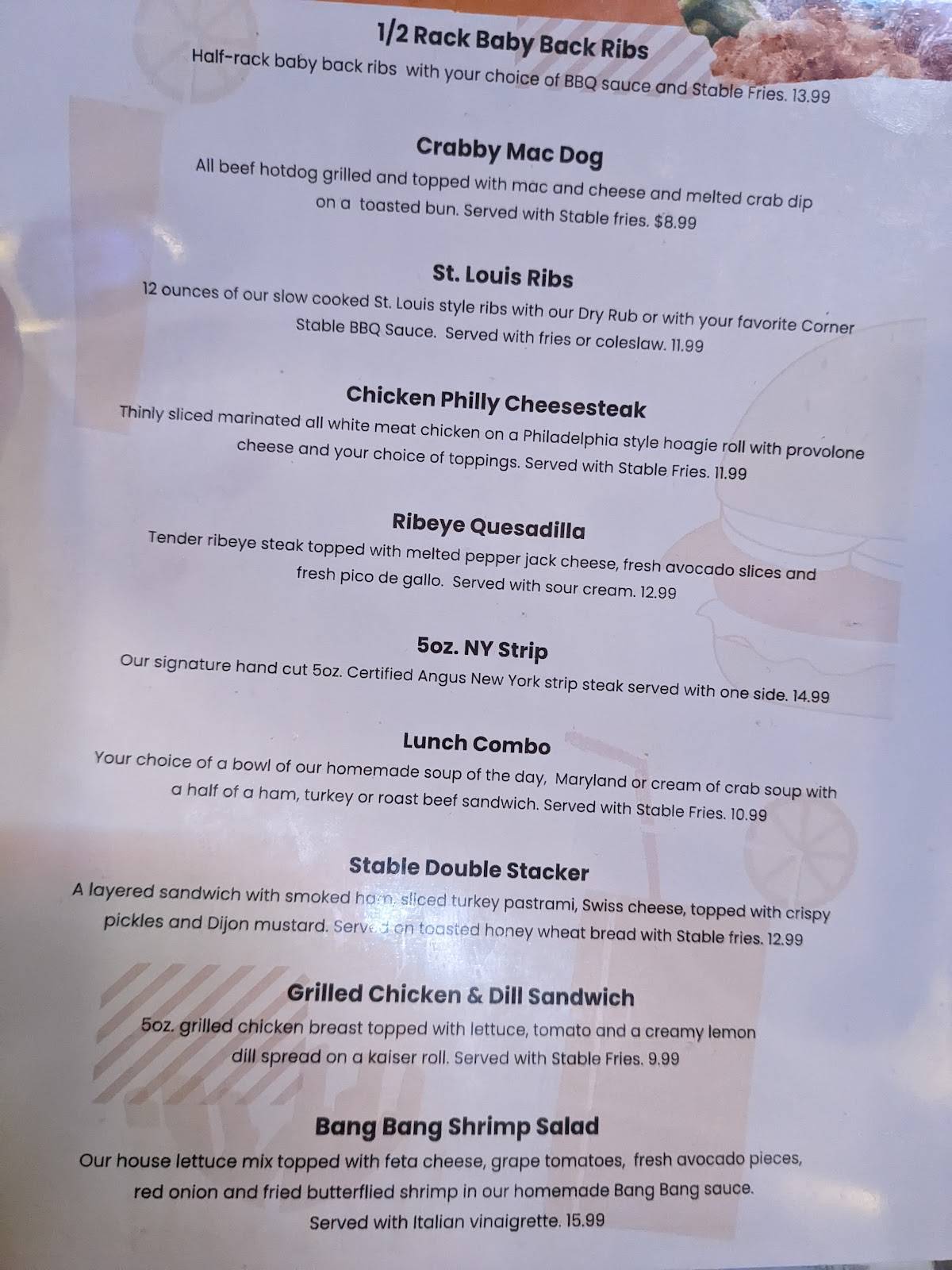 Menu at The Corner Stable restaurant, Cockeysville