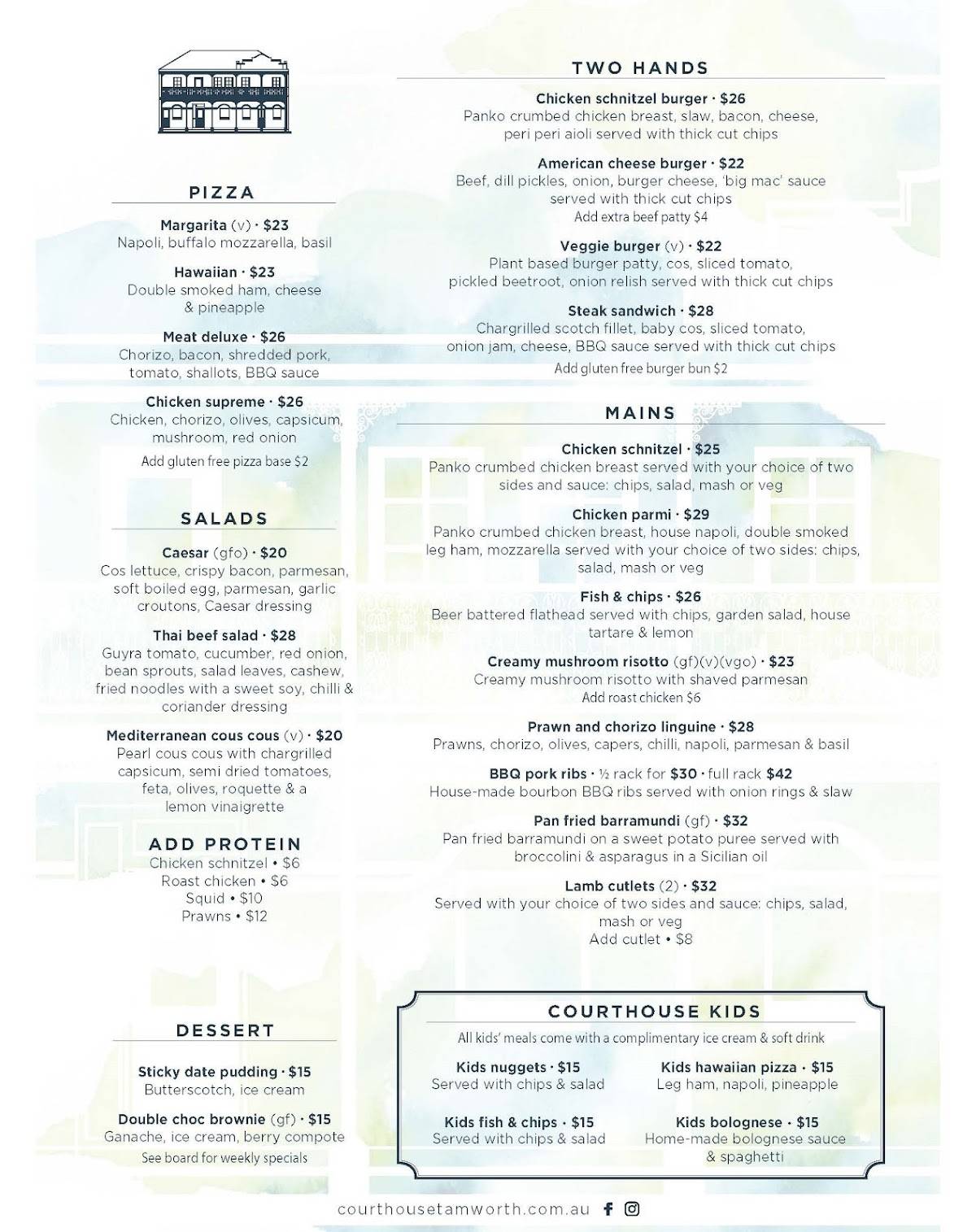 Menu at The Courthouse Hotel, Tamworth restaurant, Tamworth
