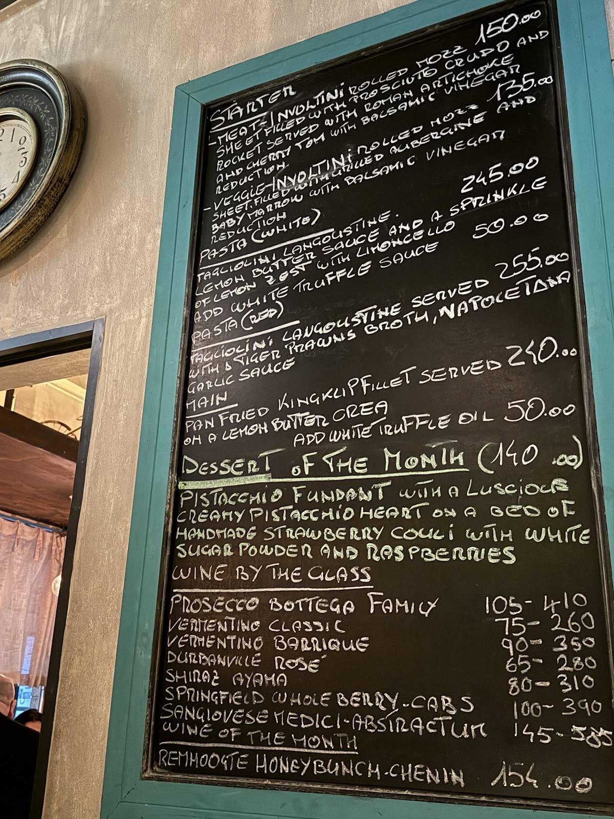 Menu at The Cousins Trattoria restaurant, Cape Town