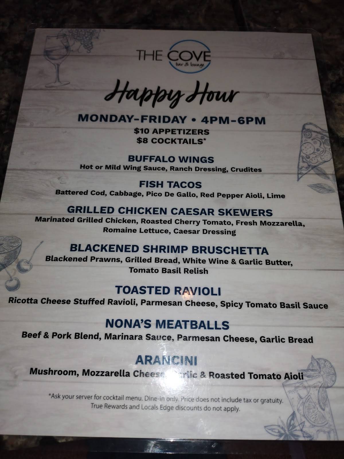 Carta de The Cove Bar & Lounge, Laughlin, S Casino Dr