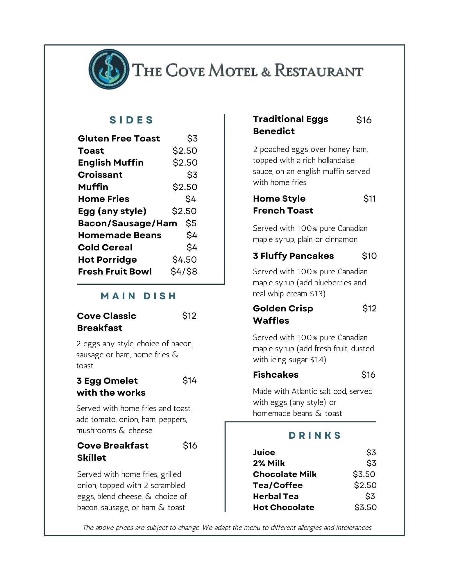 Menu at The Cove restaurant, Aulds Cove