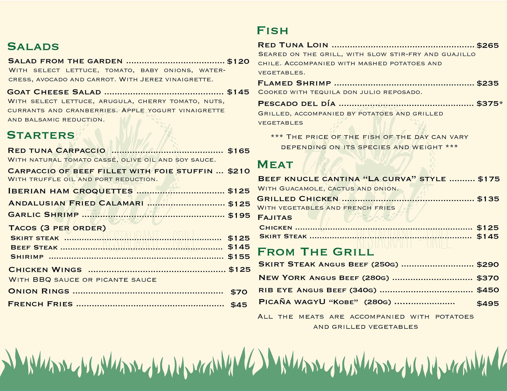 Menu at The Divot restaurant, Puerto Aventuras