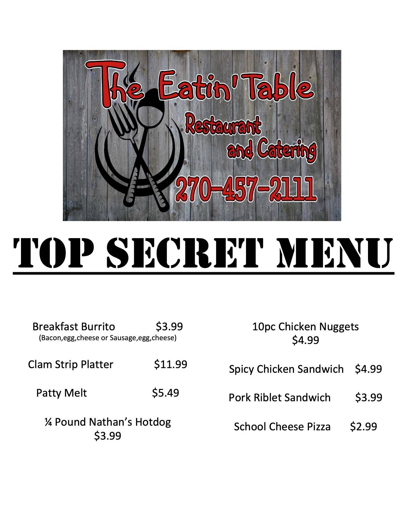 Menu at The Eatin' Table restaurant, Gamaliel
