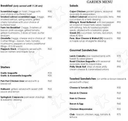 Menu at The Farm Inn Restaurant, Pretoria