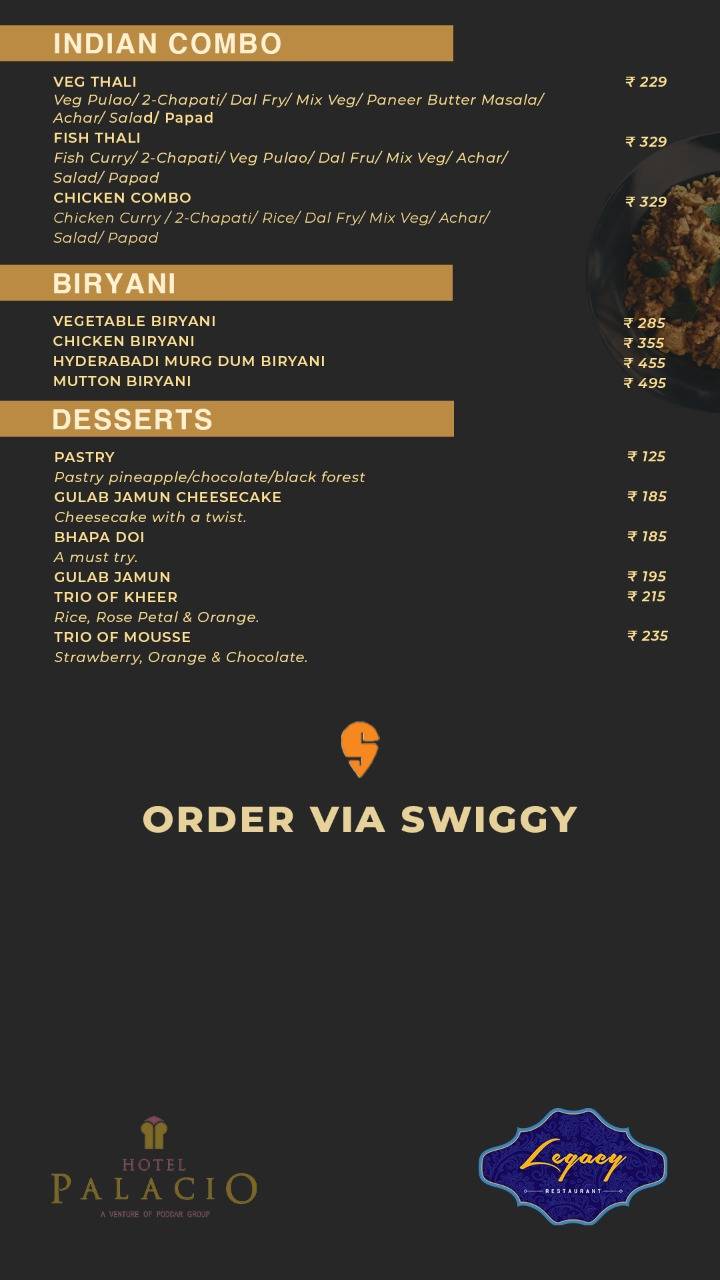 Menu at The Hotel Palacio, Guwahati