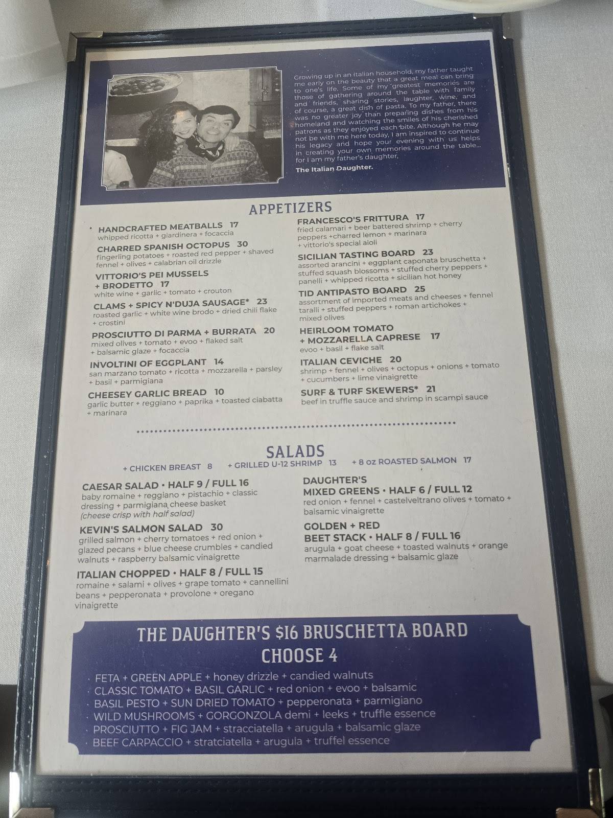 Menu at The Italian Daughter restaurant, Scottsdale