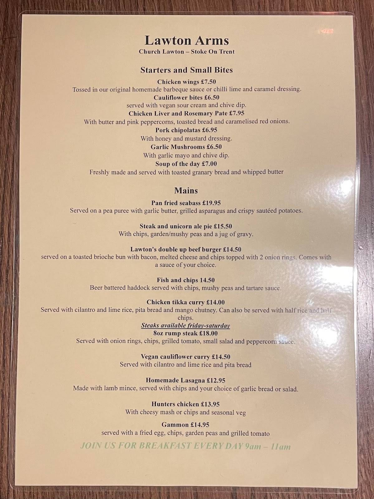 Menu at The Lawton Arms, Church Lawton pub & bar, Stoke-on-Trent
