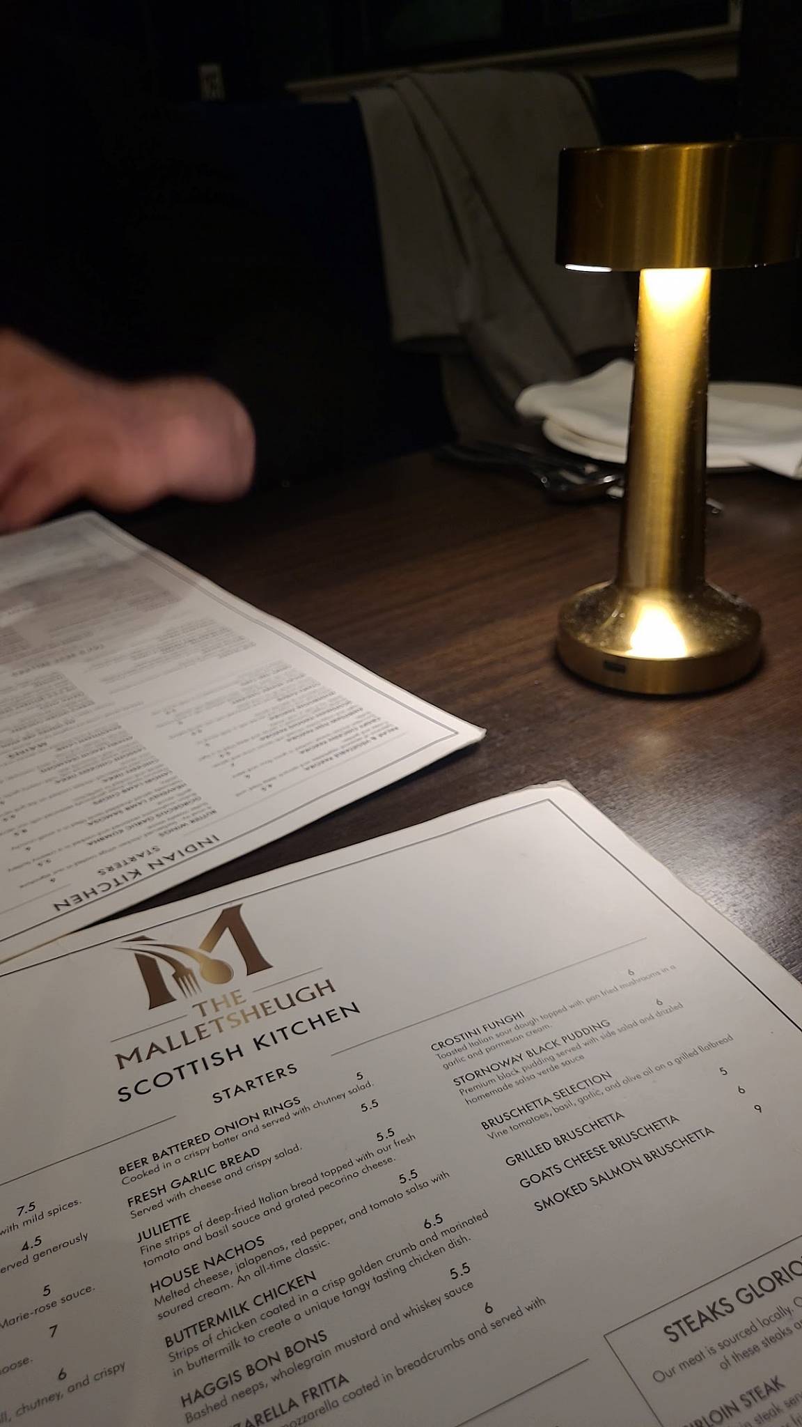 Menu at The Malletsheugh restaurant, Glasgow, 340 Ayr Rd