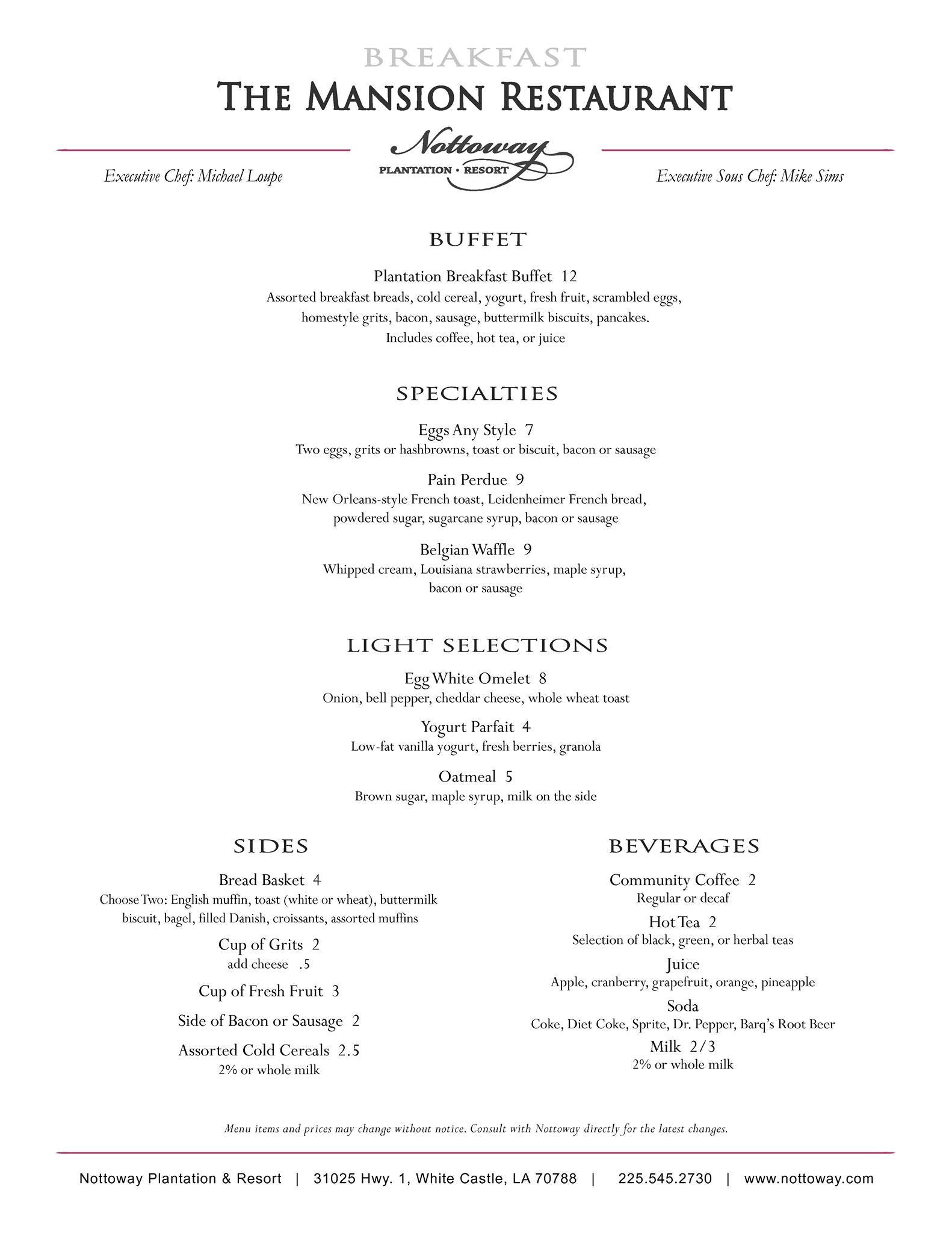 Menu at The Mansion Restaurant, White Castle, LA-1