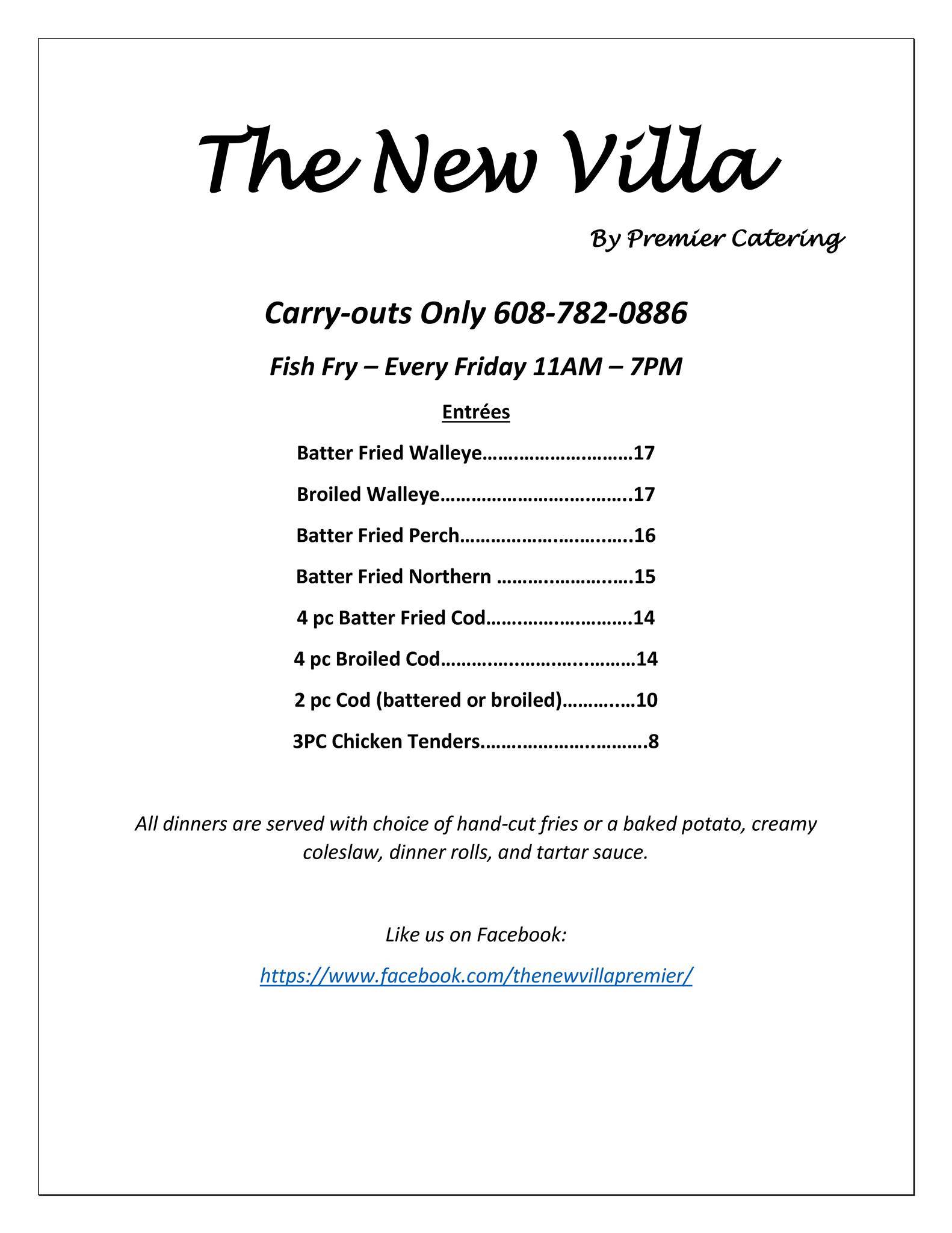 Menu at The New Villa restaurant, La Crosse