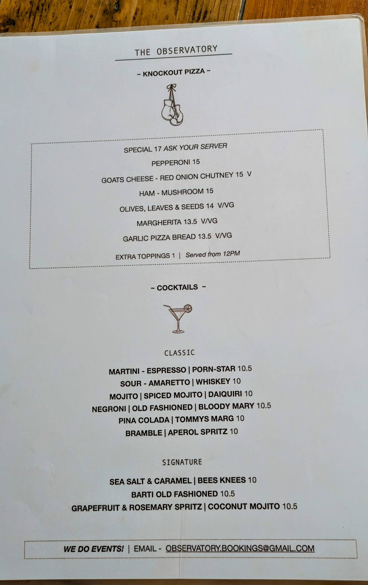 Menu at The Observatory Swansea restaurant, Swansea