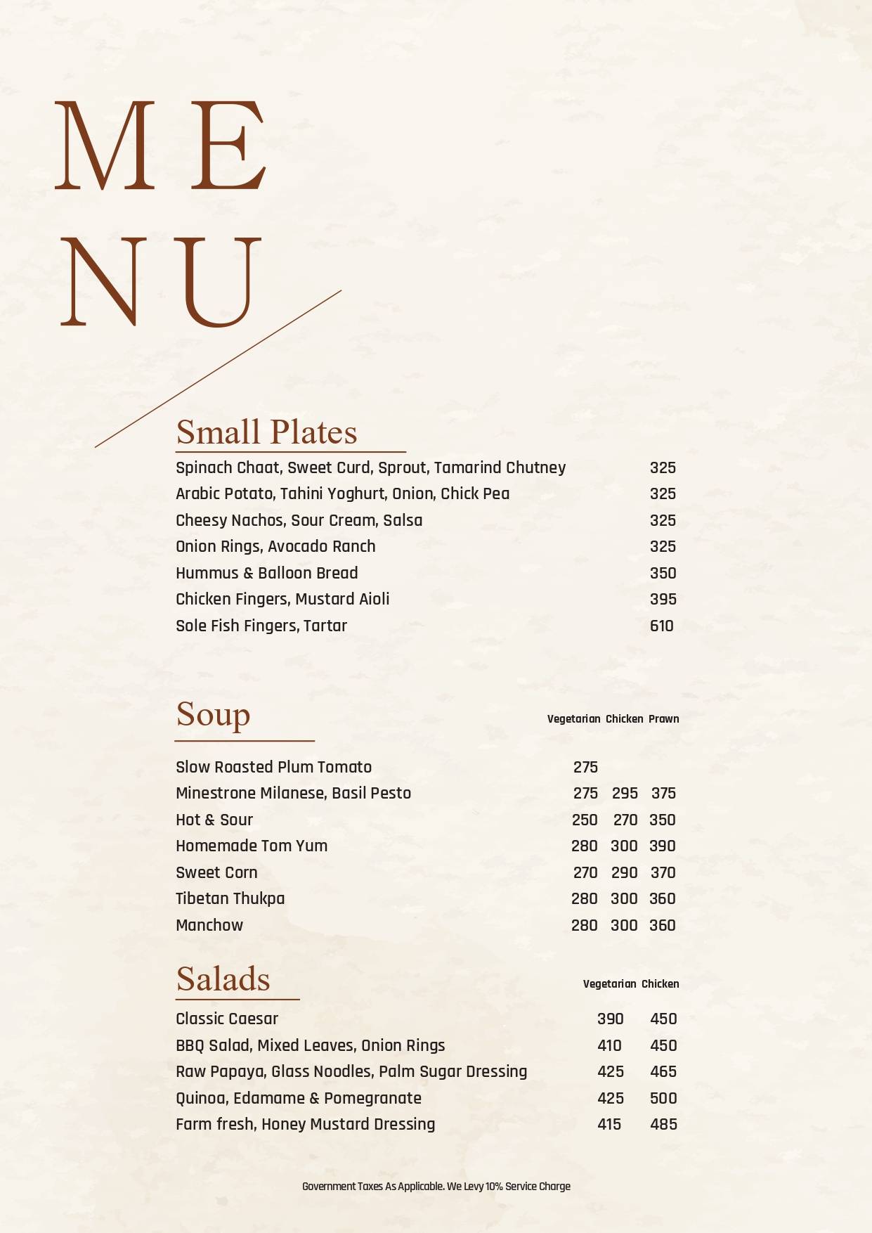 Menu at Palm Burj, Agra