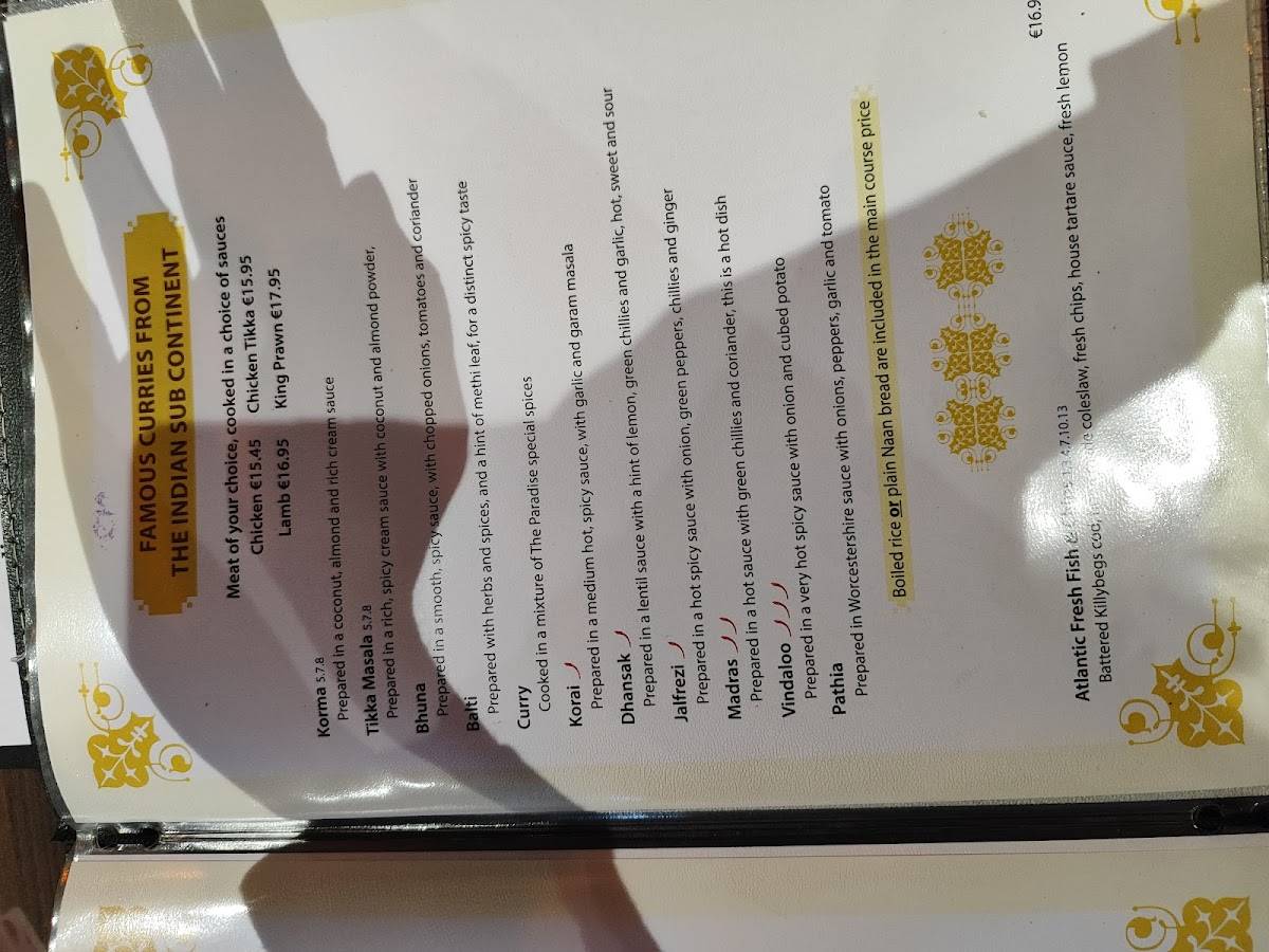 Menu at The Paradise, Indian Bangladeshi restaurant & takeaway, Ballybofey