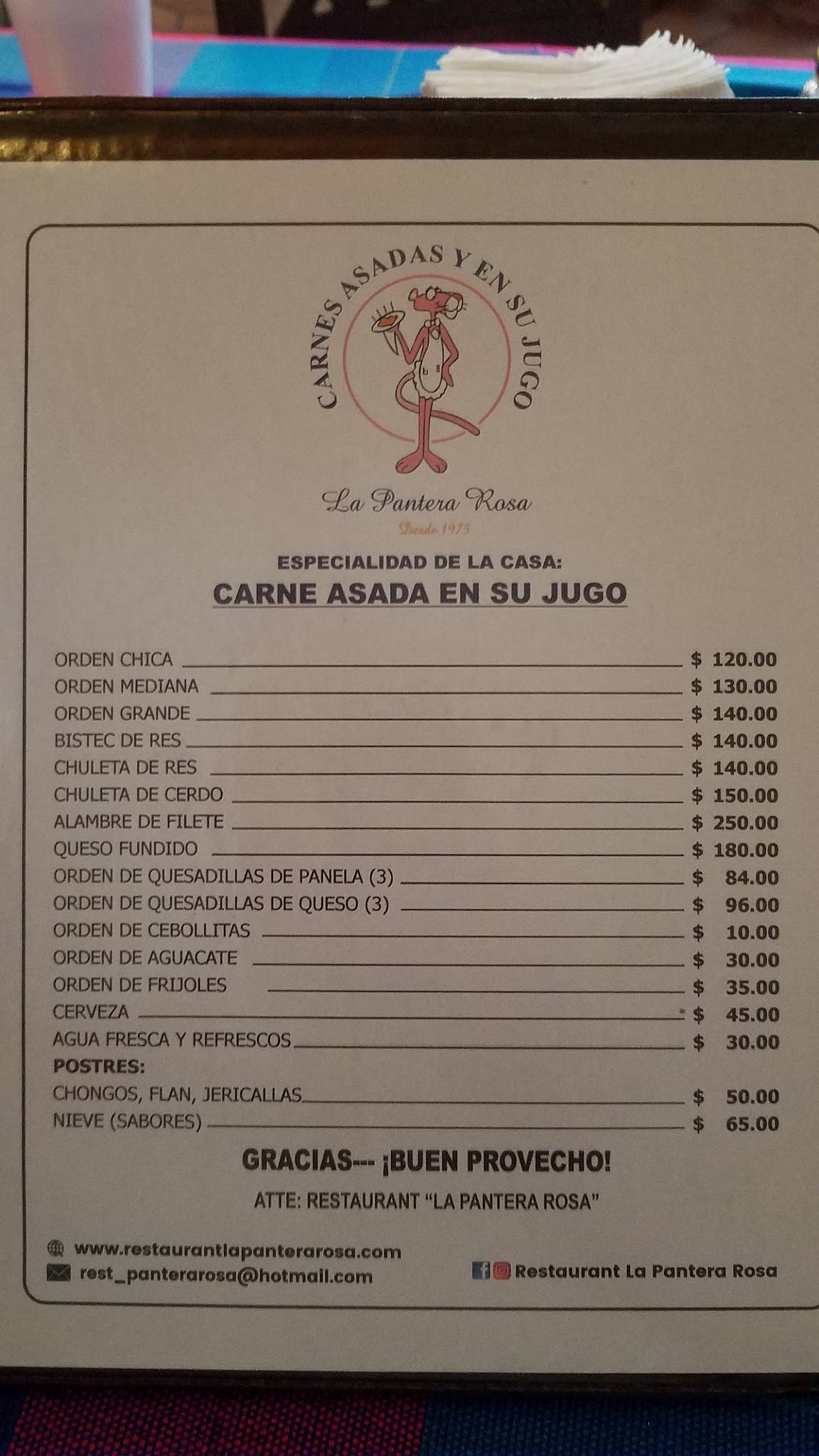 Carta del restaurante La Pantera Rosa, Zamora