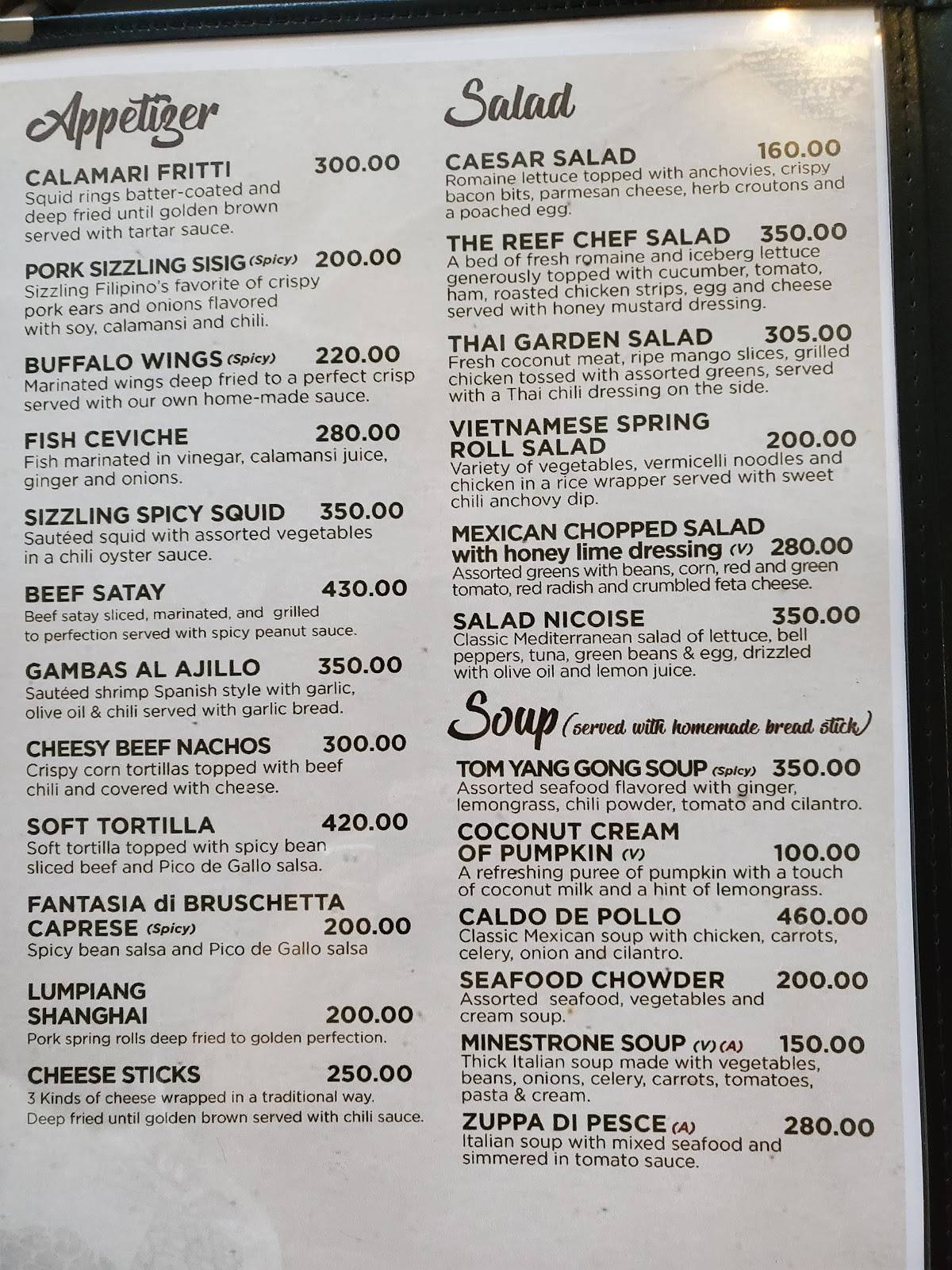 Menu at The Reef restaurant, Subic Bay Freeport Zone