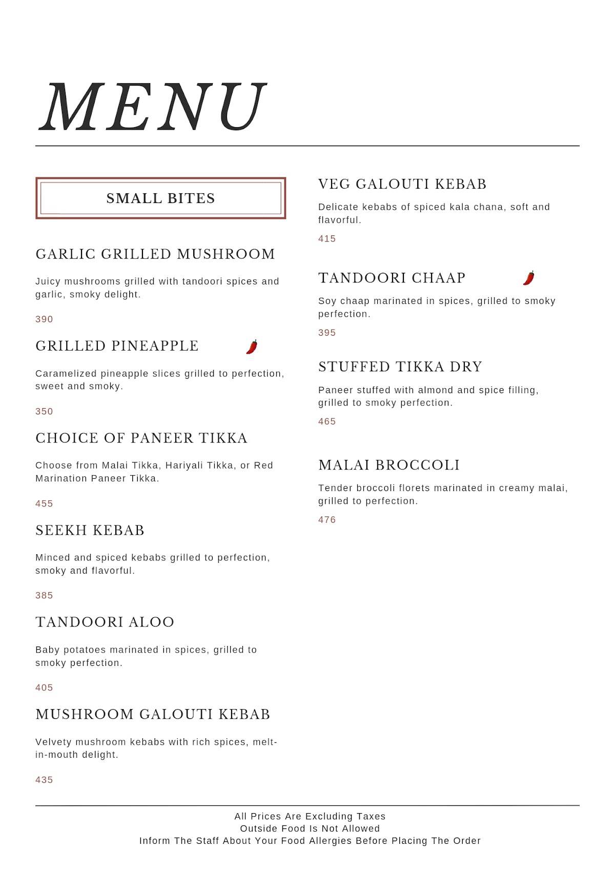 Menu at The Rock, Gandhinagar