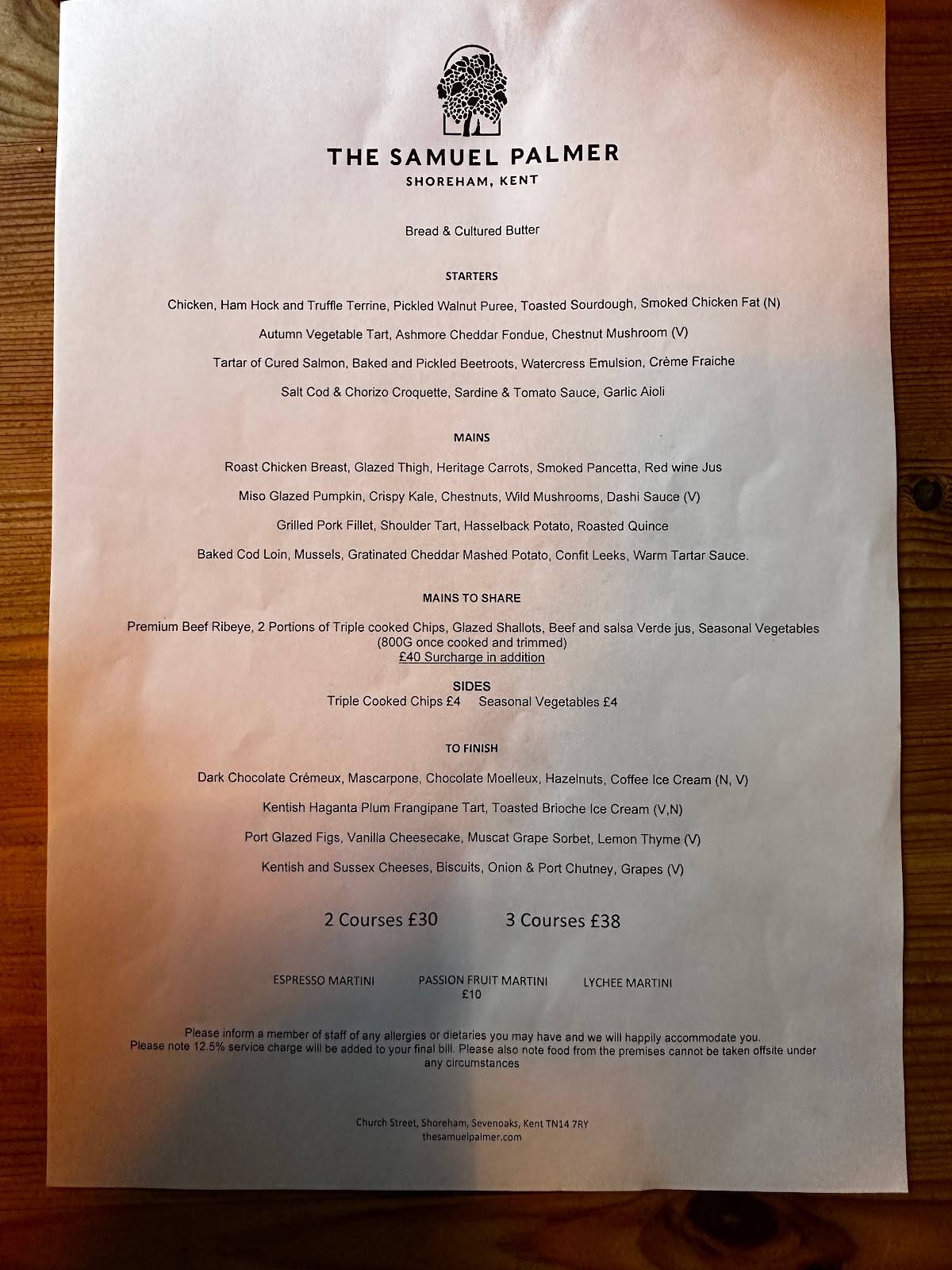Menu at The Samuel Palmer restaurant, Sevenoaks