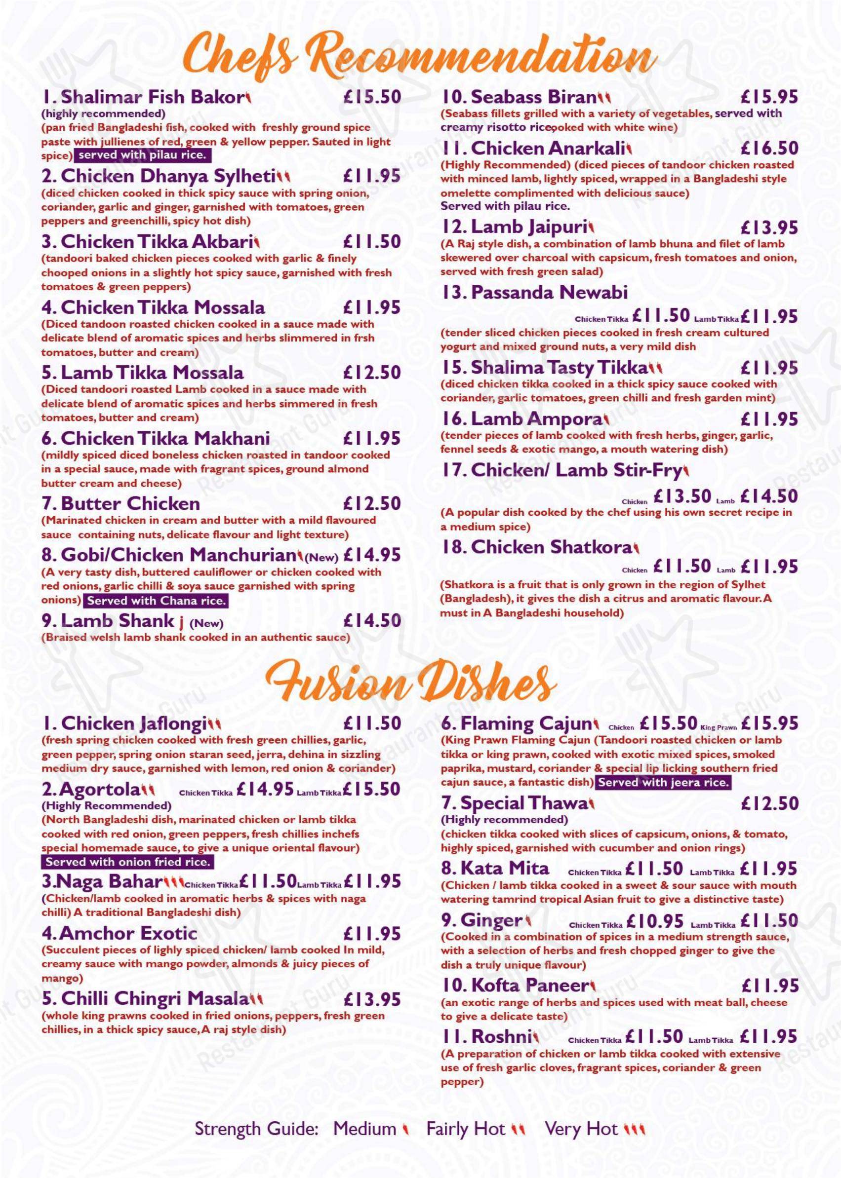 Menu at The Shalimar Restaurant, Macclesfield