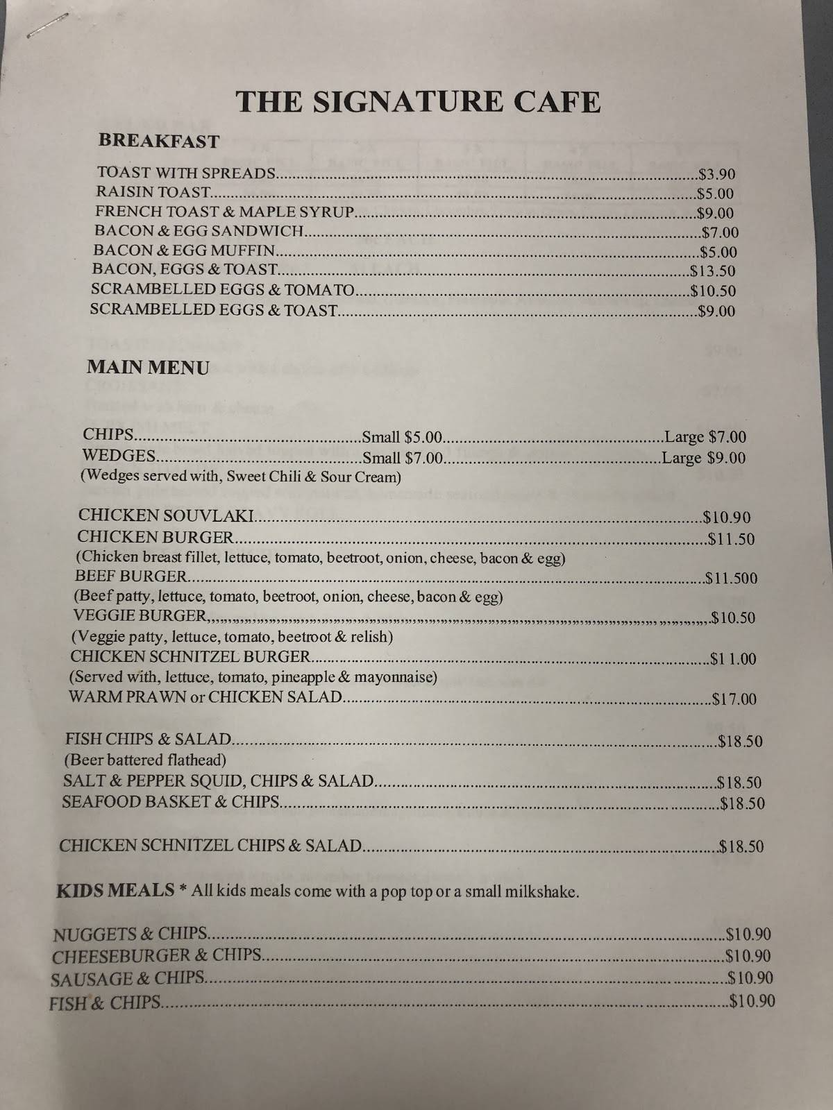 Menu at The Signature Cafe, George Town