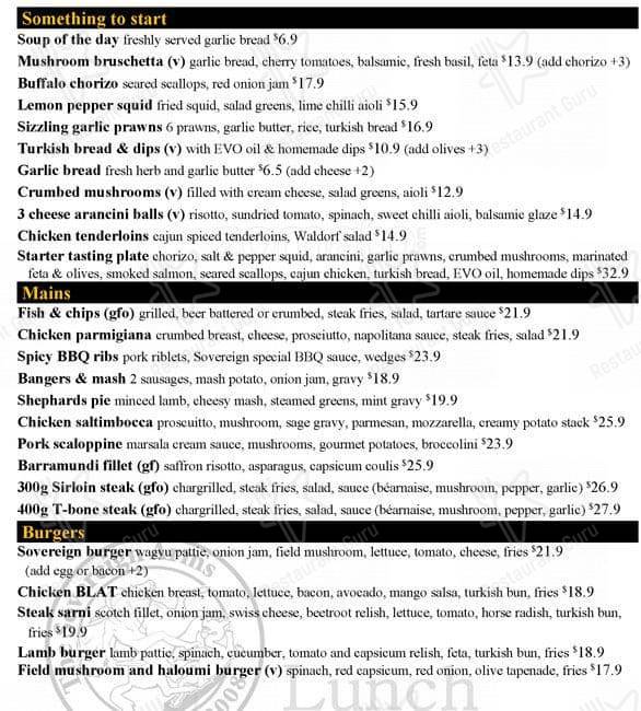Menu at The Sovereign Arms restaurant, Joondalup