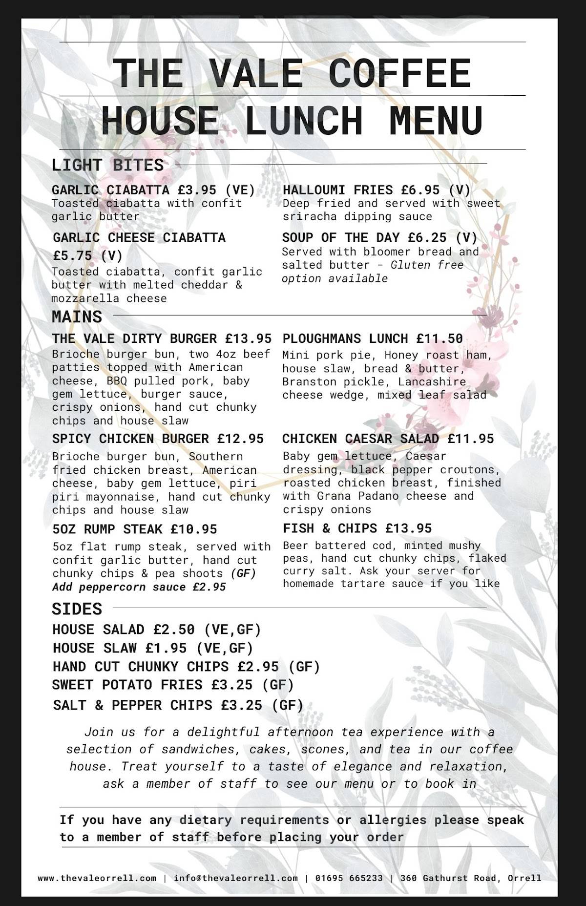 Menu at The Vale Orrell - Restaurant and Coffee House, Wigan