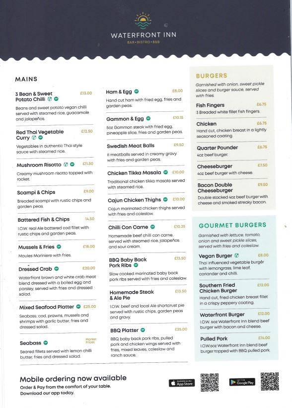 Menu at The Waterfront Inn restaurant, Shanklin