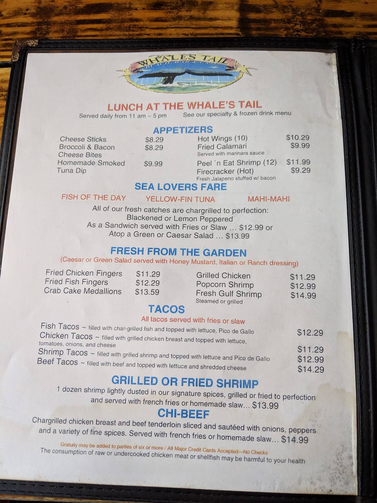 Menu at The Whale's Tail Beach Bar & Grill, Miramar Beach, Scenic Gulf Dr