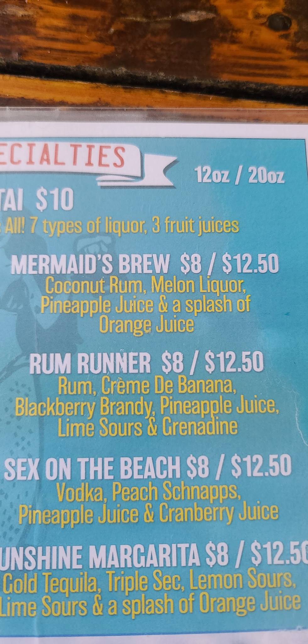 Menu at The Whale's Tail Beach Bar & Grill, Miramar Beach, Scenic Gulf Dr
