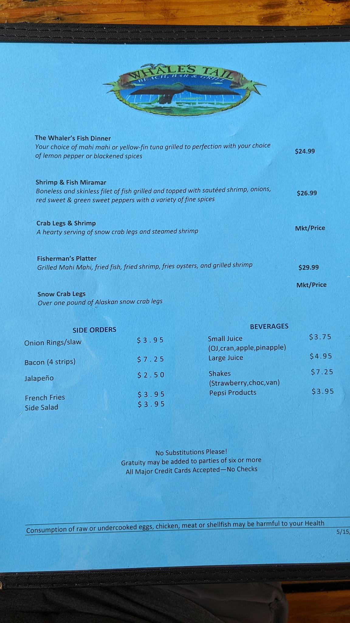 Menu at The Whale's Tail Beach Bar & Grill, Miramar Beach, Scenic Gulf Dr
