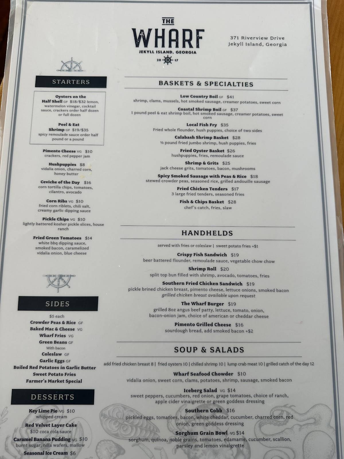 Menu at The Wharf restaurant, Jekyll Island