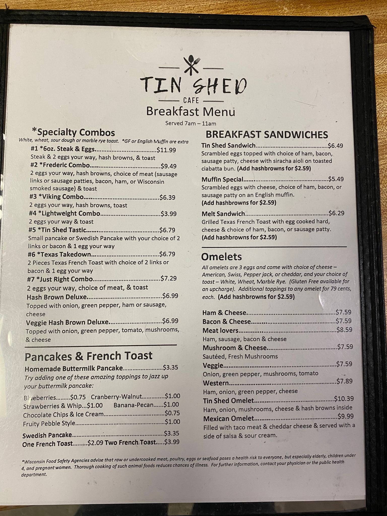 Menu at Tin Shed Cafe, Frederic
